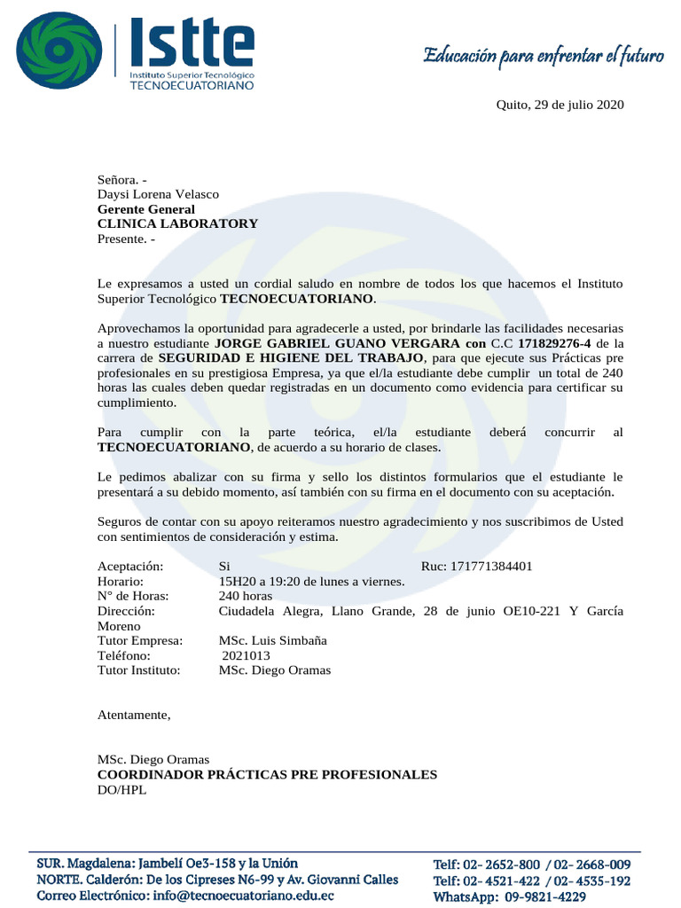 Oficio Practicas Gabriel Guano | PDF