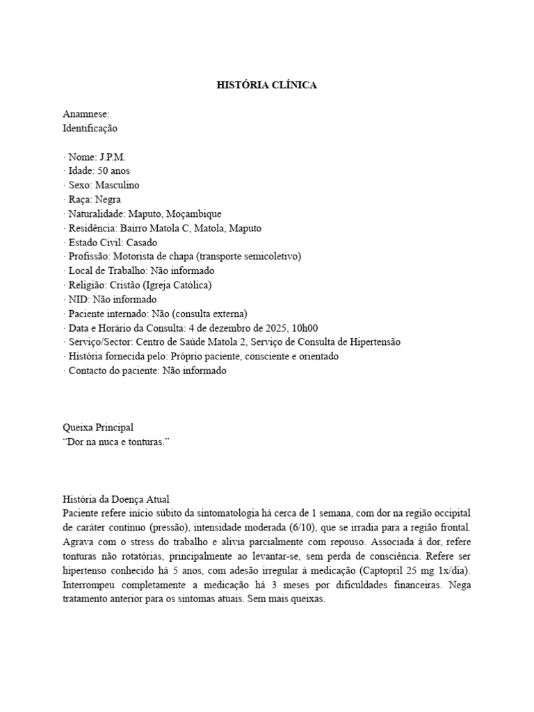 HISTÓRIA CLÍNICA breve modelo | PDF | Hipertensão | Diabetes