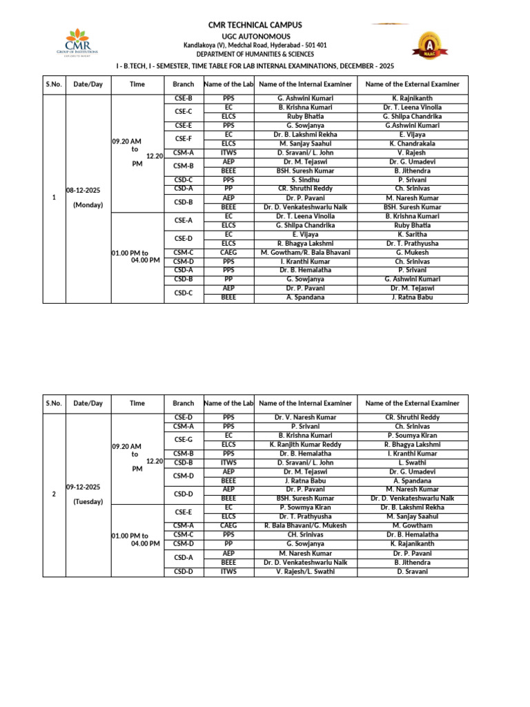 B.Tech Lab Internal Exam Timetable 2025 | PDF