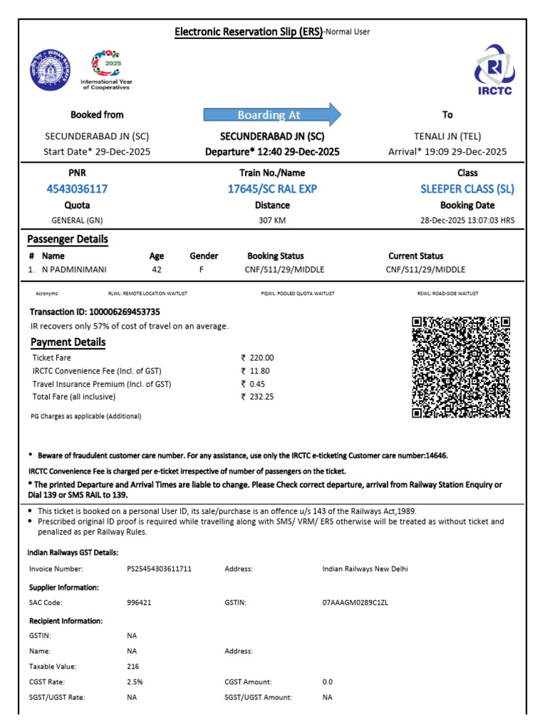 Electronic Reservation Slip for Train Ticket | PDF | Identity Document ...