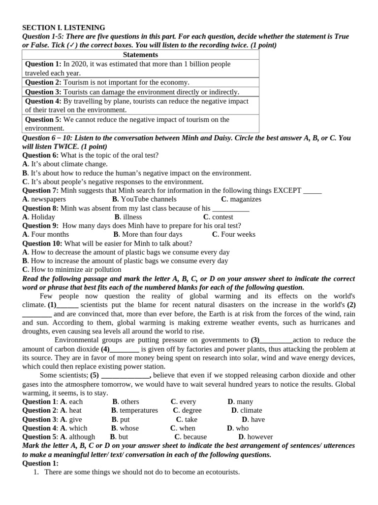 Listening Comprehension Practice Test | PDF | Climate Change ...
