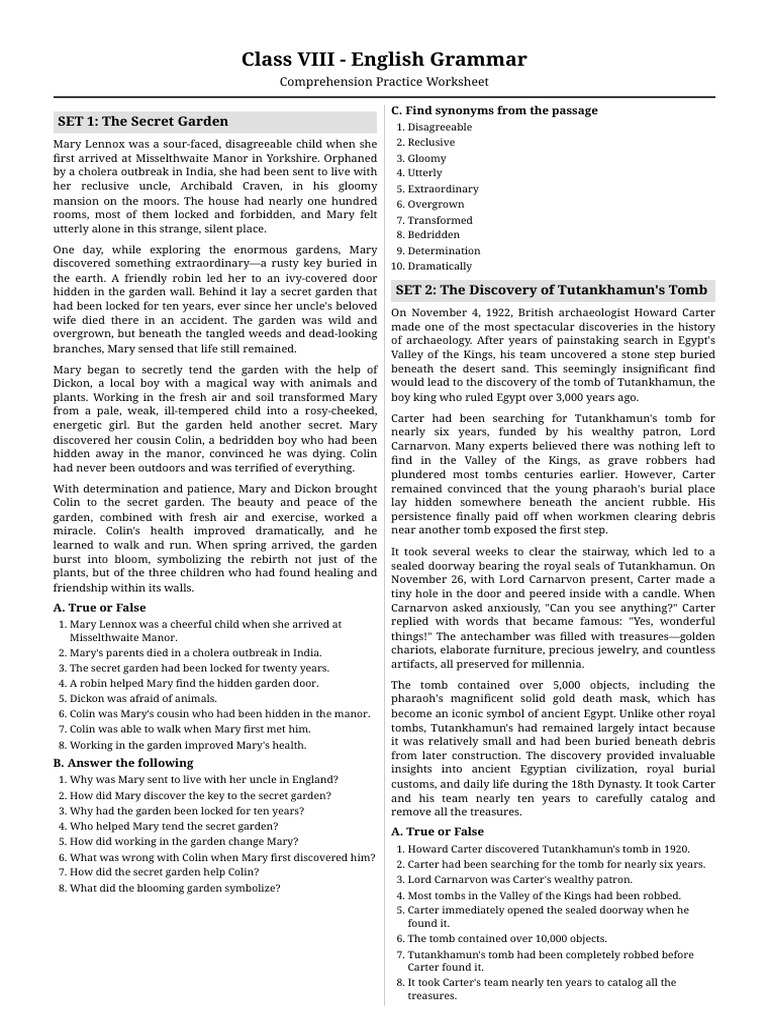 Class VIII English Grammar Worksheet | PDF | Tutankhamun