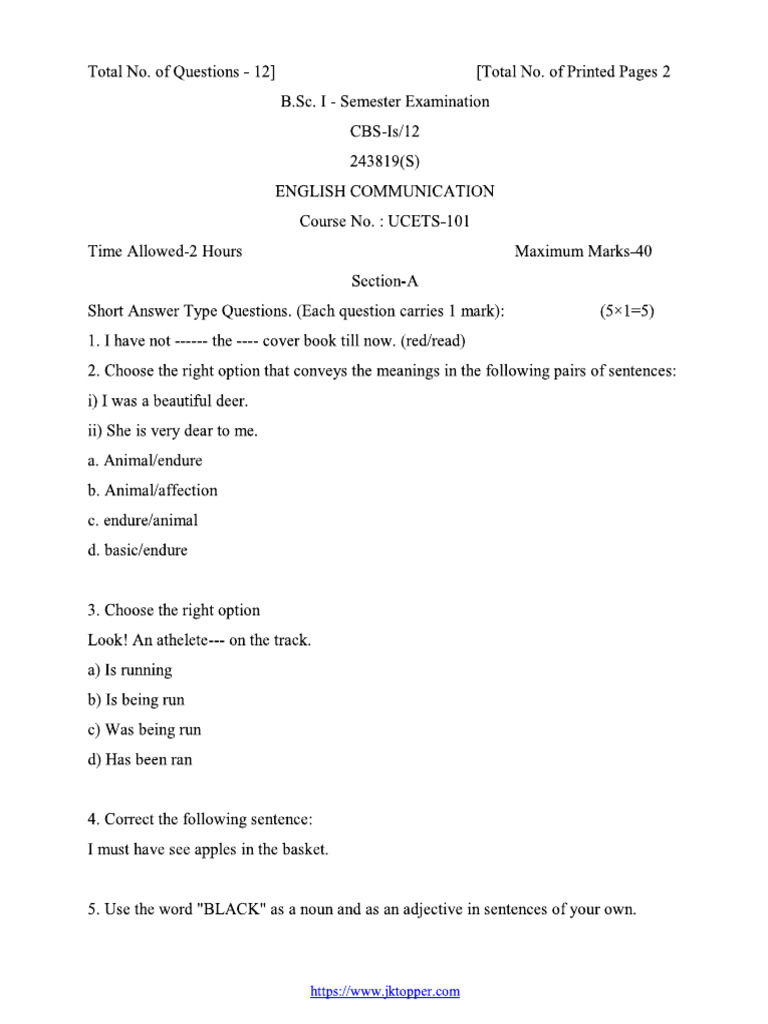 Jammu University BSC 1st Semester English Communication Course No UCETS ...