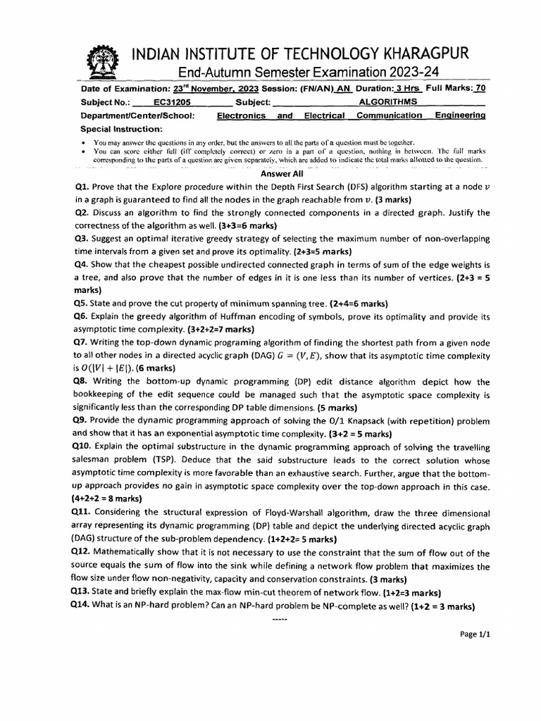 2023 End Autumn E&ECE Engg EC31205 Algorithms EA 2023 | PDF