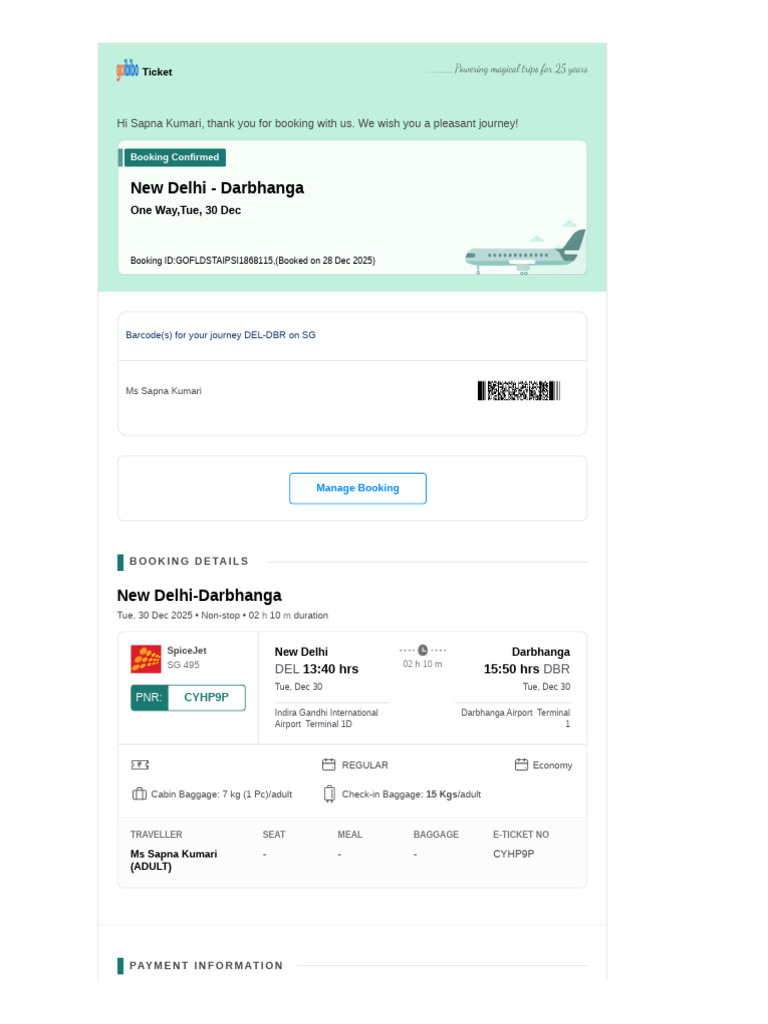 SpiceJet Ticket Confirmation for Dec 30 | PDF