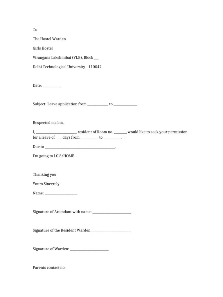 Leave Application Template for Hostel | PDF