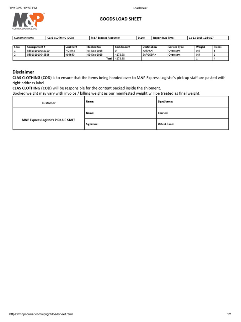 Load Sheet | PDF