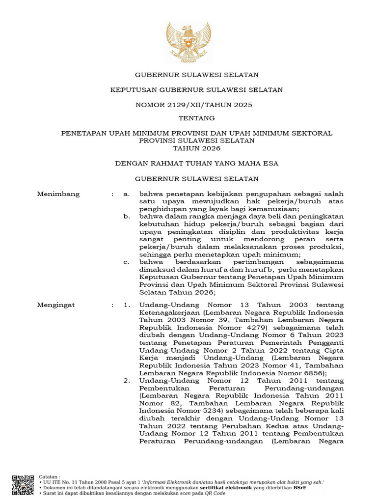 Upah Minimum Sulawesi Selatan 2026 | PDF