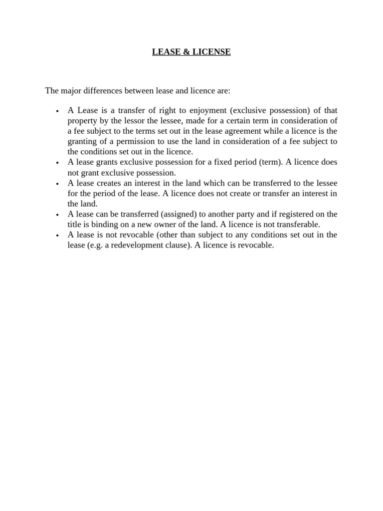 Lease vs License: Key Differences Explained | PDF