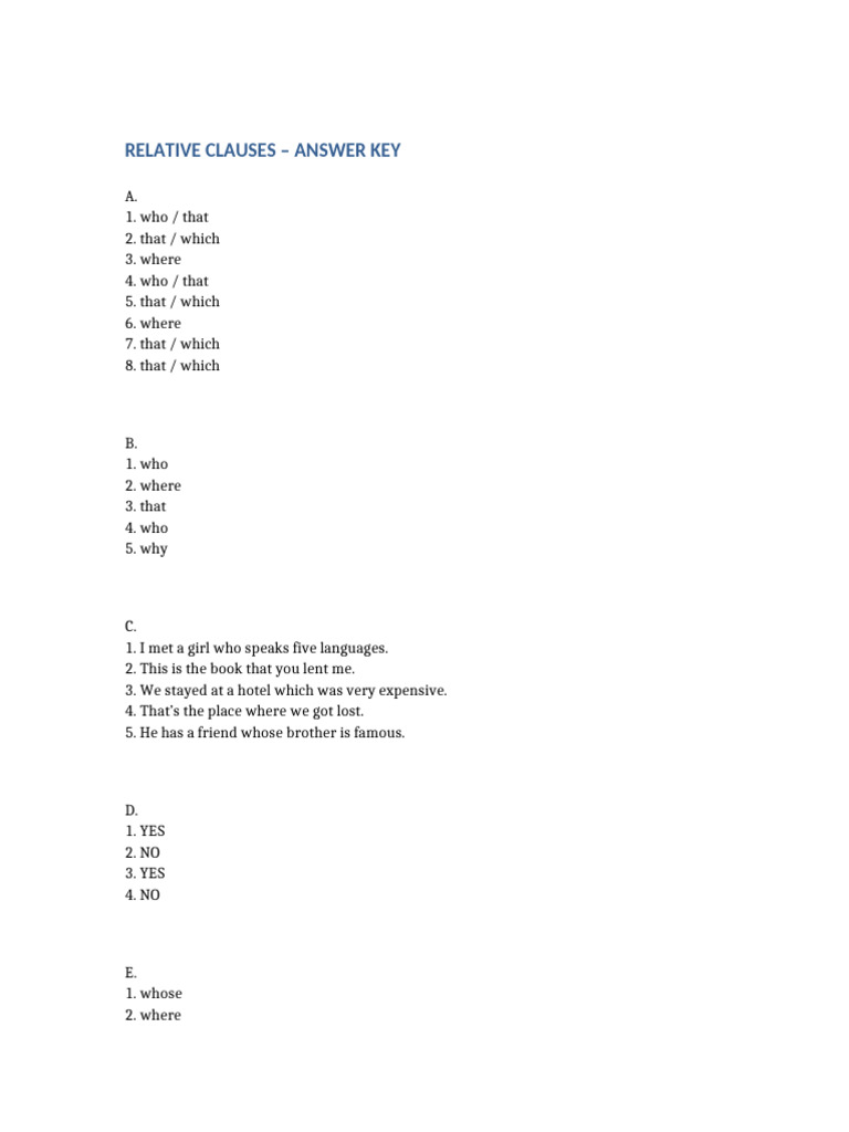 Relative Clauses Answer Key | PDF