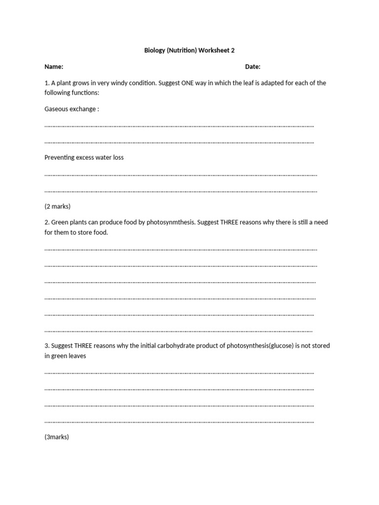 Biology Nutrition Worksheet: Key Concepts | PDF | Digestion | Biology