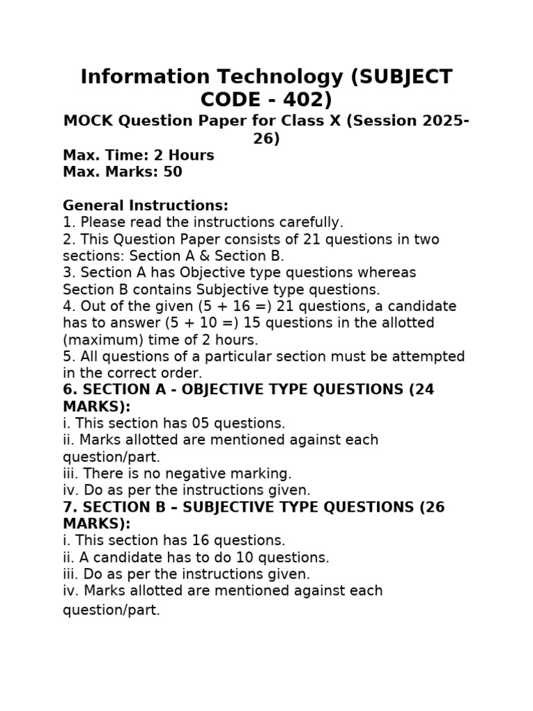 Class 10 IT Mock Paper 1 | PDF | Spreadsheet | Databases