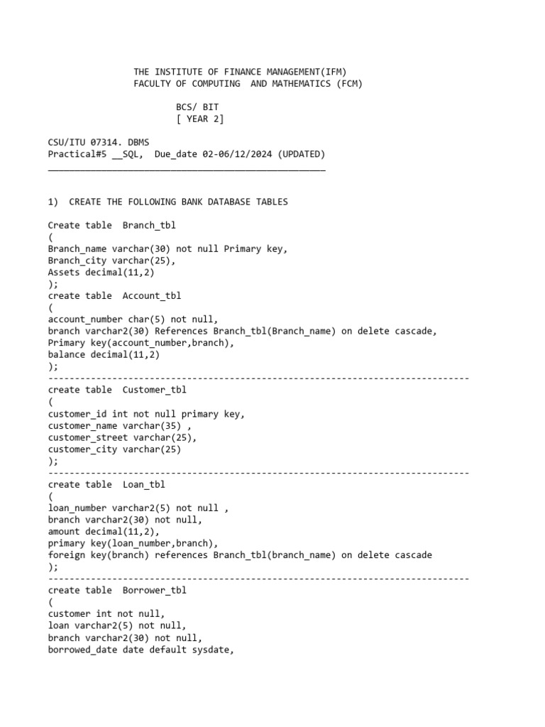 CSU 07314 Practical #5_2024 SQL | PDF | Data Model | Databases