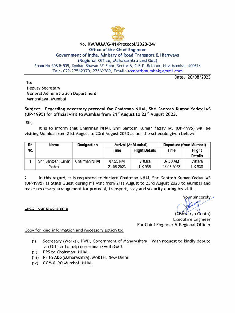 State Protocol Letter for Chairman Dt 20-08-2023 | PDF