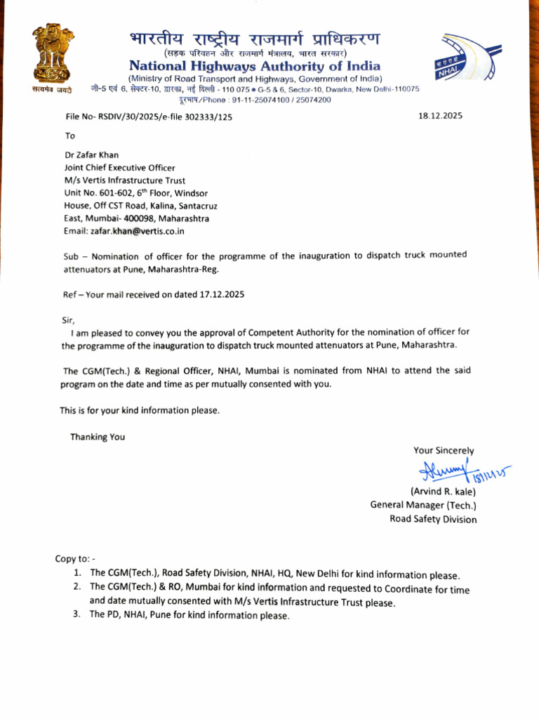 NHAI Officer Nomination for Pune Event | PDF