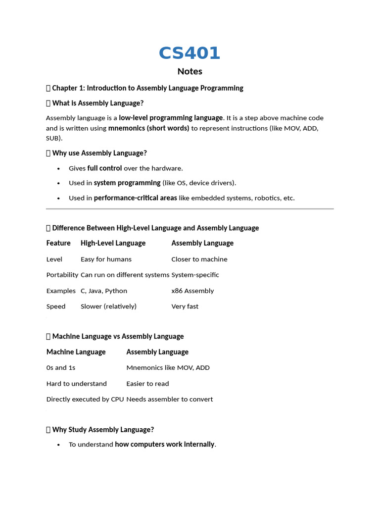 CS401 Lecture 1 | PDF | Assembly Language | Central Processing Unit