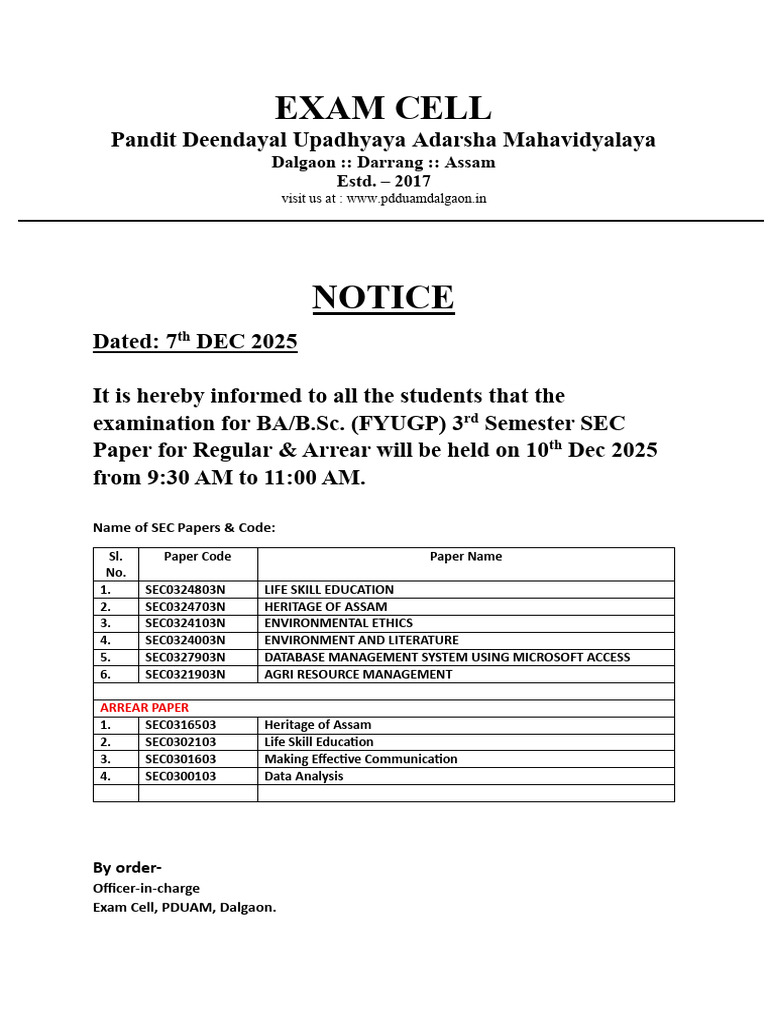 Sec Exam 10th Dec 2025 Notice | PDF
