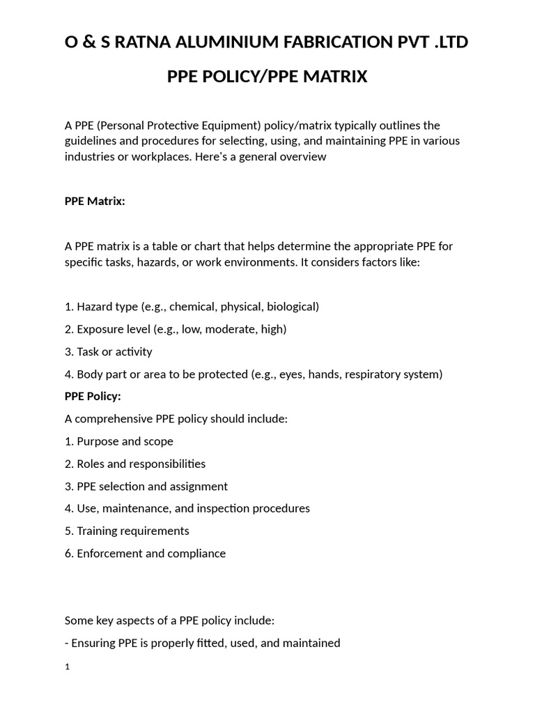 Ppe Policy & Matrix | PDF | Personal Protective Equipment | Labor Relations