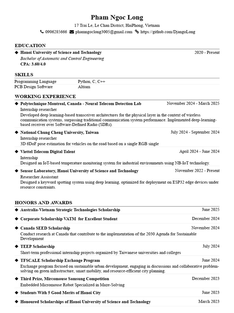 Pham Ngoc Long: Engineering CV & Achievements | PDF | Computing