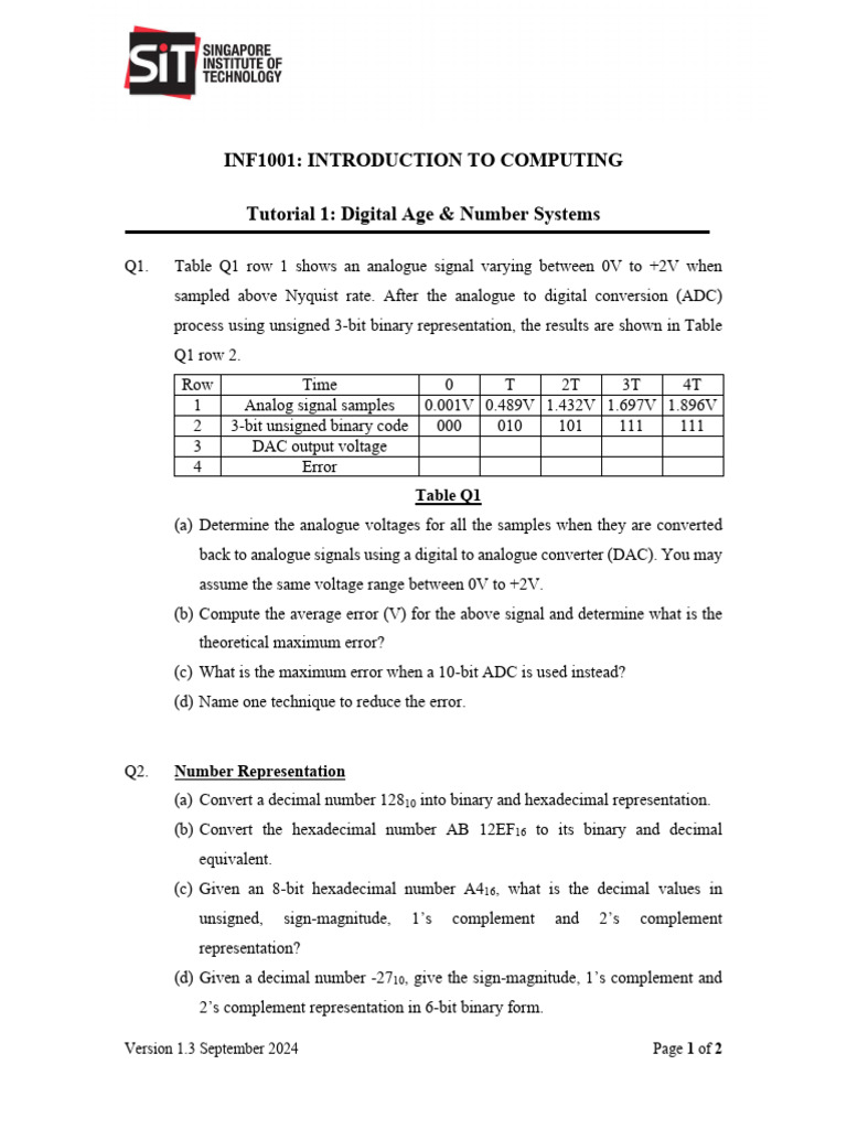 INF1001 - Tutorial 1 Sep2024 | PDF | Analog To Digital Converter ...