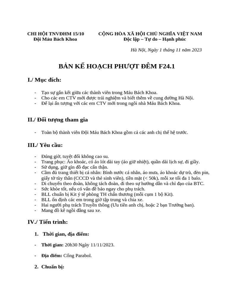 BẢN KẾ HOẠCH PHƯỢT ĐÊM F24.1 | PDF