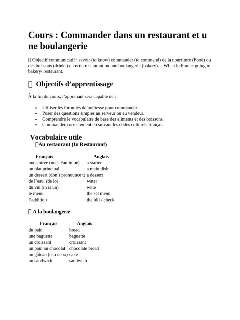 Commander au restaurant et boulangerie | PDF | Restaurants | Cuisine