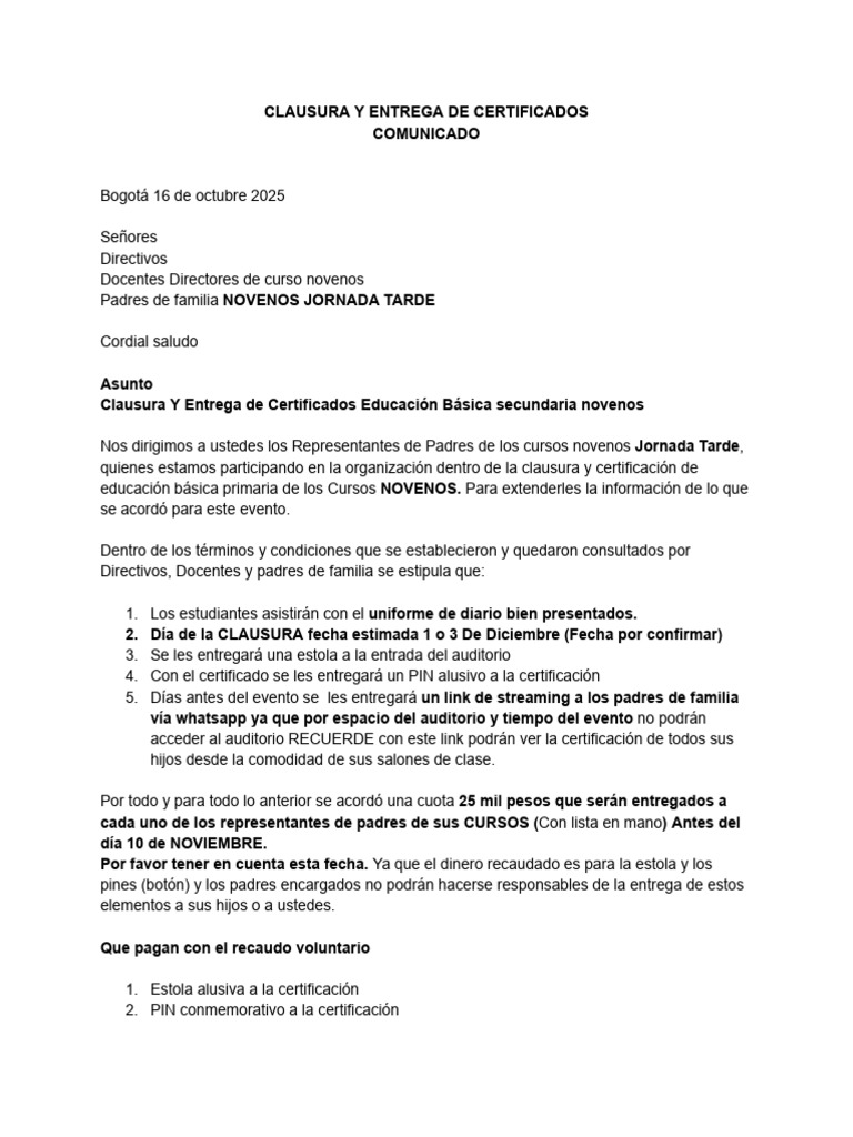 Clausura y certificación JT | PDF