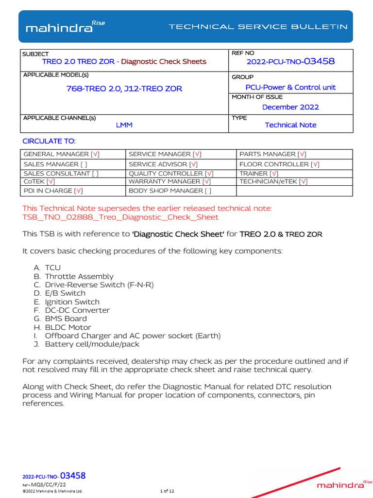 TSB 2022 Pcu Tno 03458 Treo Treo Zor Diagnostic Check Sheets 11aag5320 ...