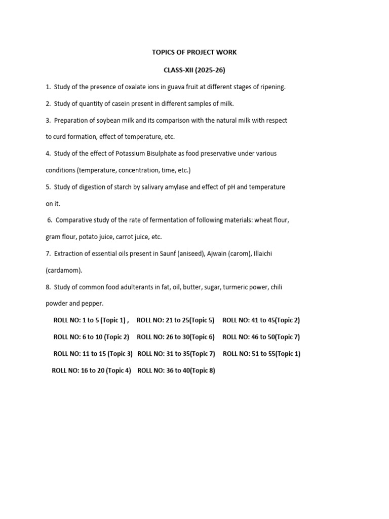 Topics of Project Work CLASS-XII (2025-26) | PDF