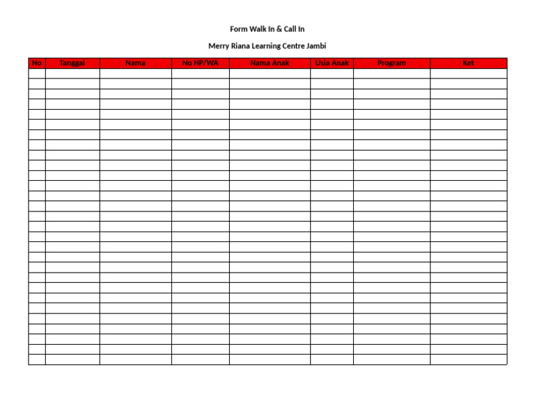 Walk-In & Call-In Form: Merry Riana Jambi | PDF