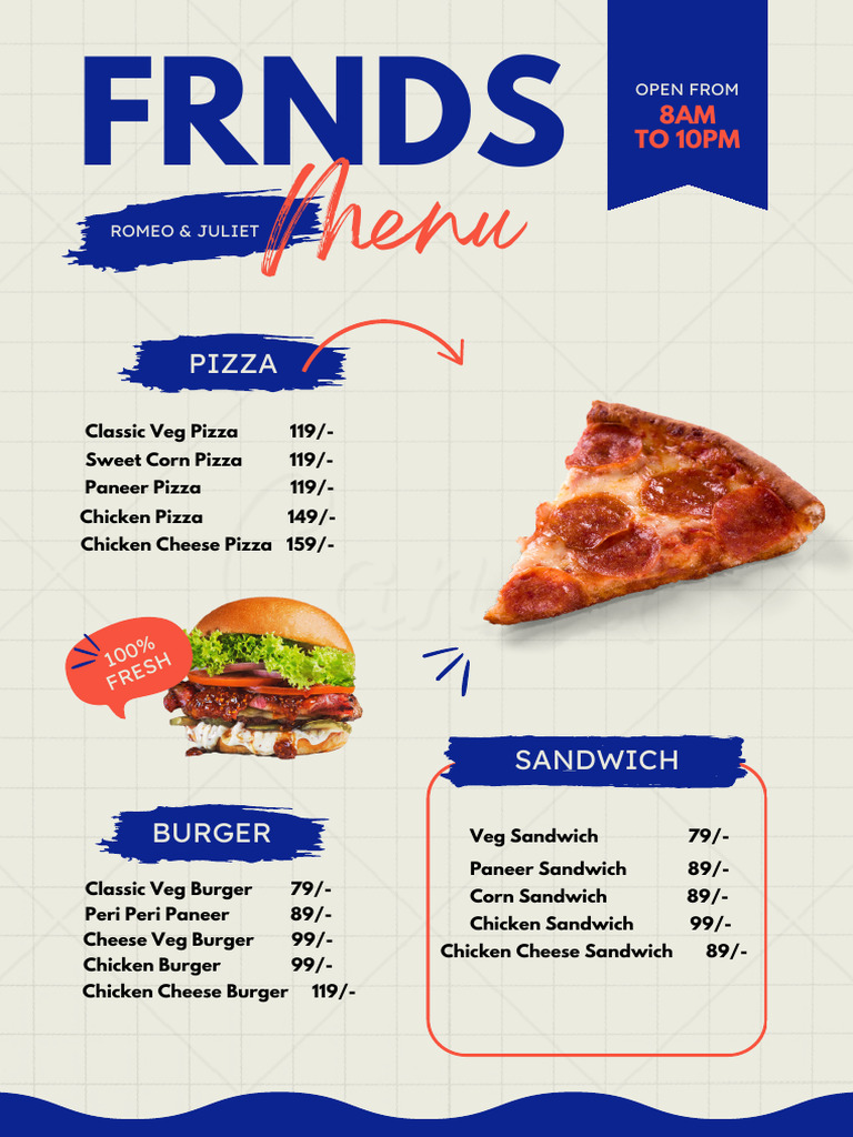 Romeo & Juliet Menu: Pizzas, Burgers, Sandwiches | PDF