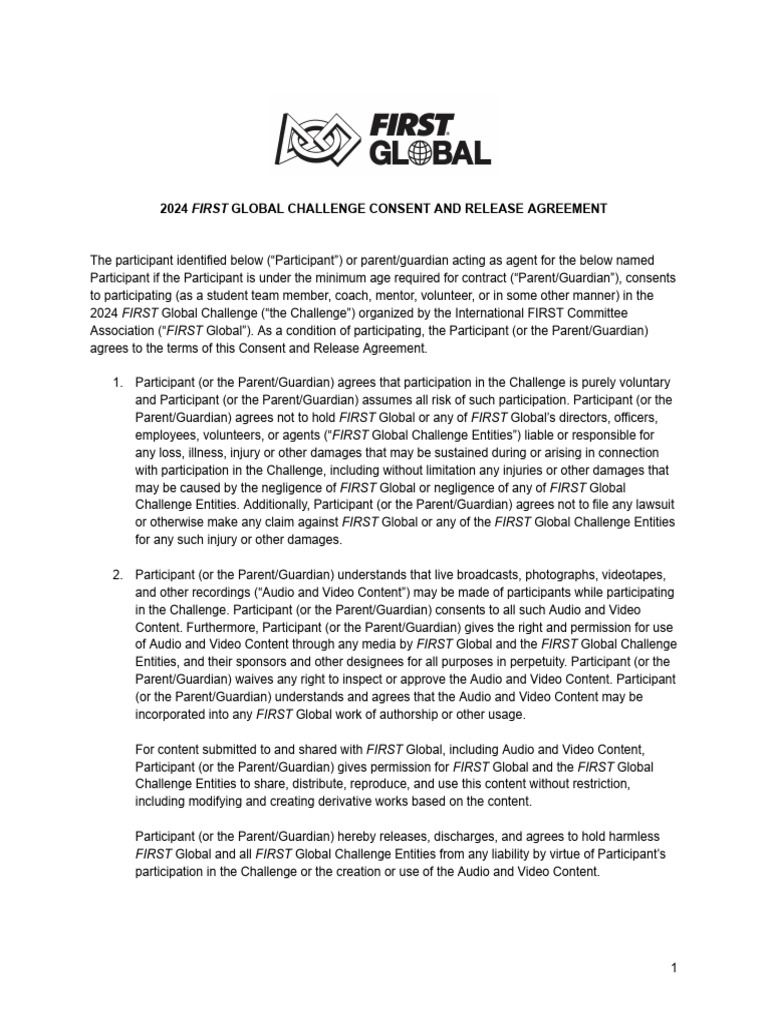 2024 FIRST Global Challenge Consent Form | PDF | Justice | Crime & Violence