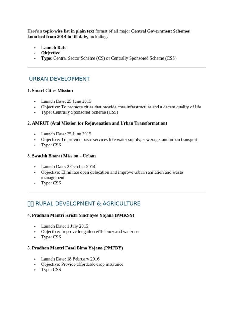 Major Central Government Schemes List | PDF | Infrastructure