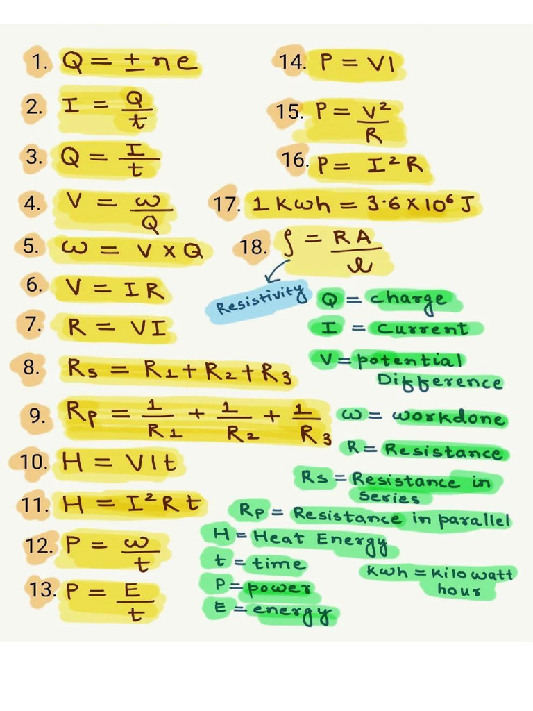 ELECTRICITY FORMULAS CHART 1. Basic Relationships Charge Q=NeQ=Ne ...