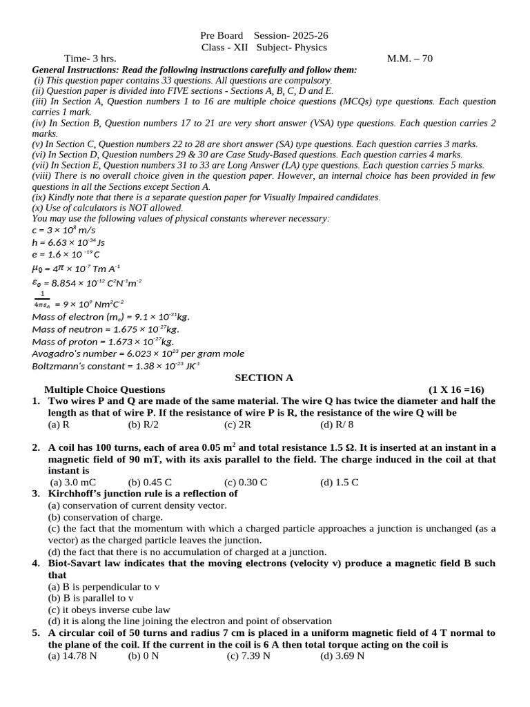 Class XII Physics Pre-Board Exam 2025-26 | PDF | Photoelectric Effect ...