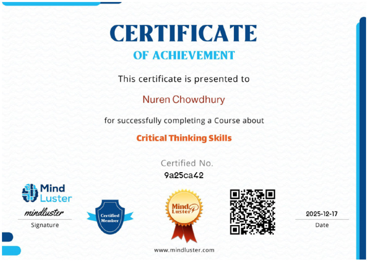 Mindluster - Certificate Critical Thinking Skills | PDF