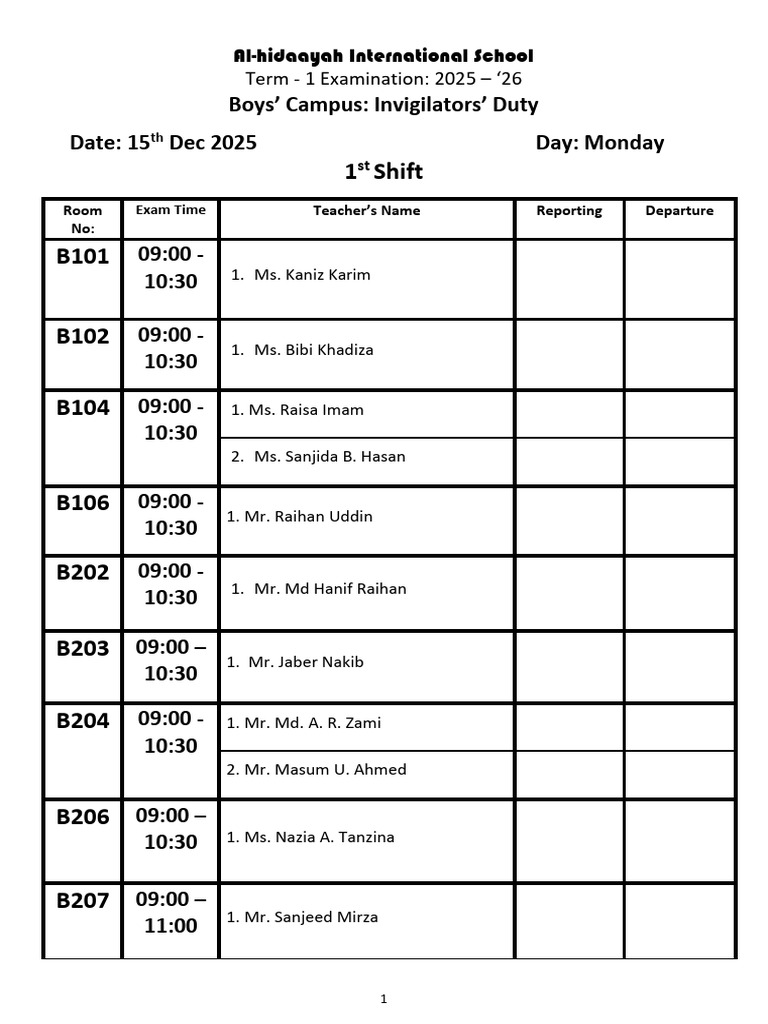 Al-Hidaayah School Term 1 Exam Duties | PDF