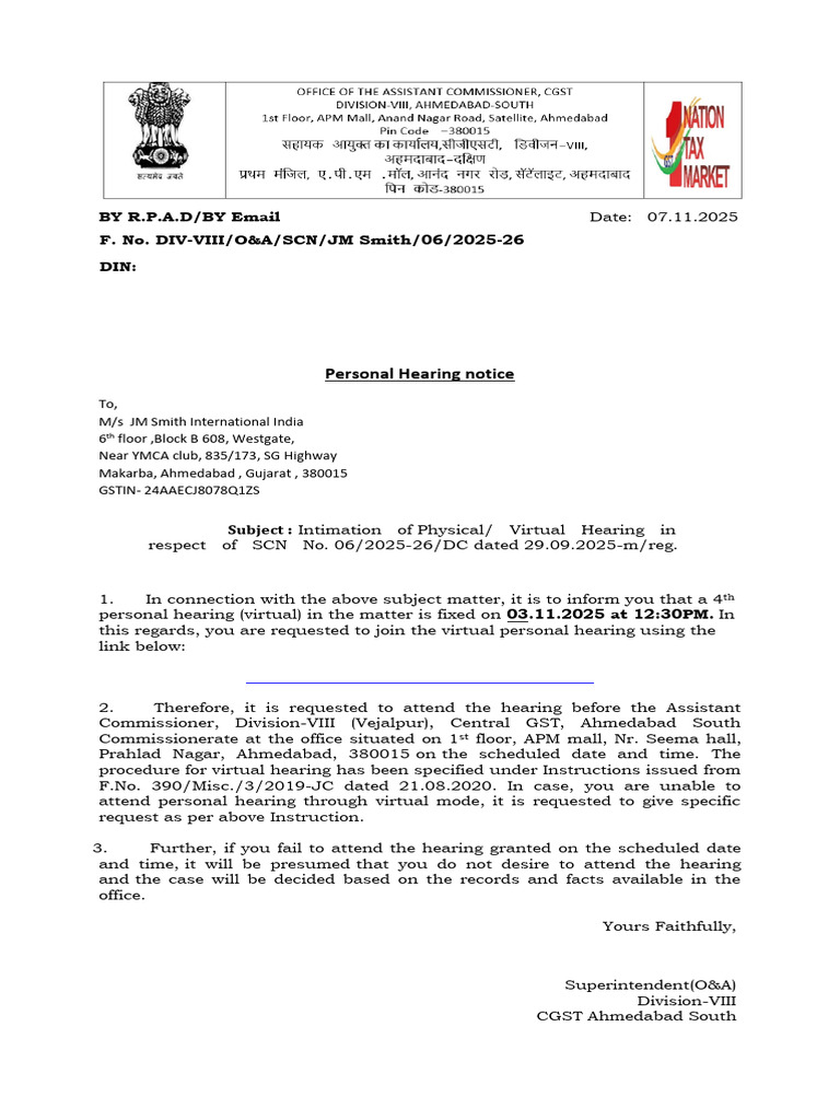 Personal Hearing Notice for JM Smith | PDF