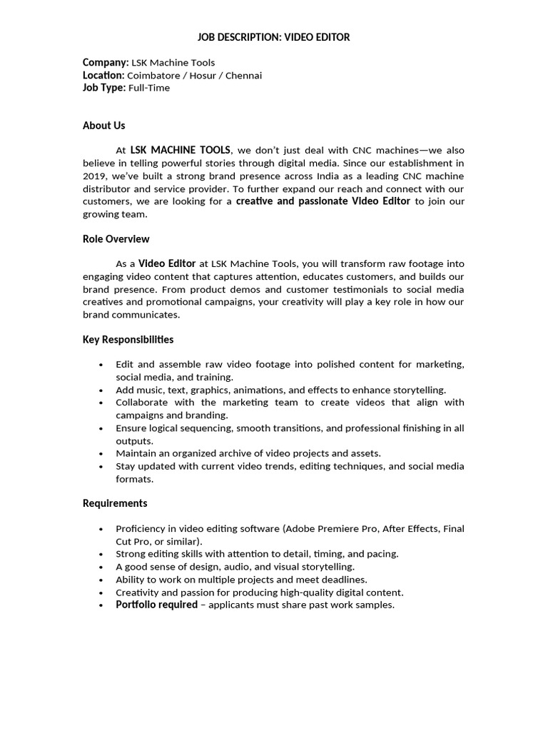 Job Description Video Editor | PDF | Editing | Brand