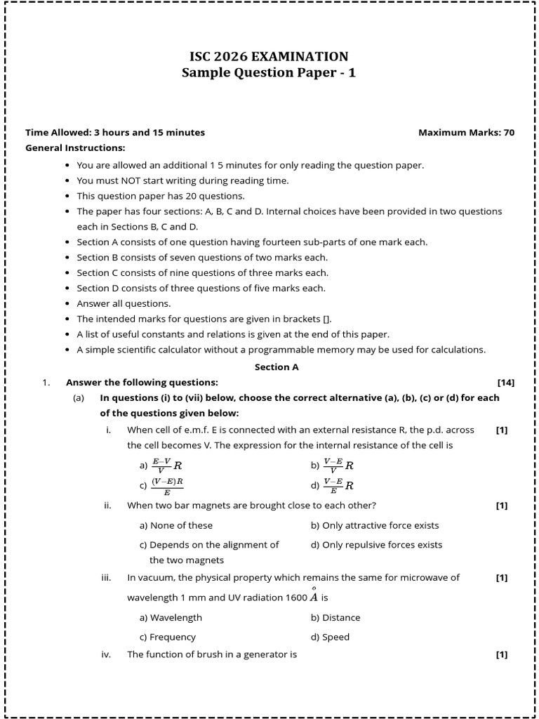 ISC Physics Sample Question Paper 2026 | PDF | Inductor | Electron