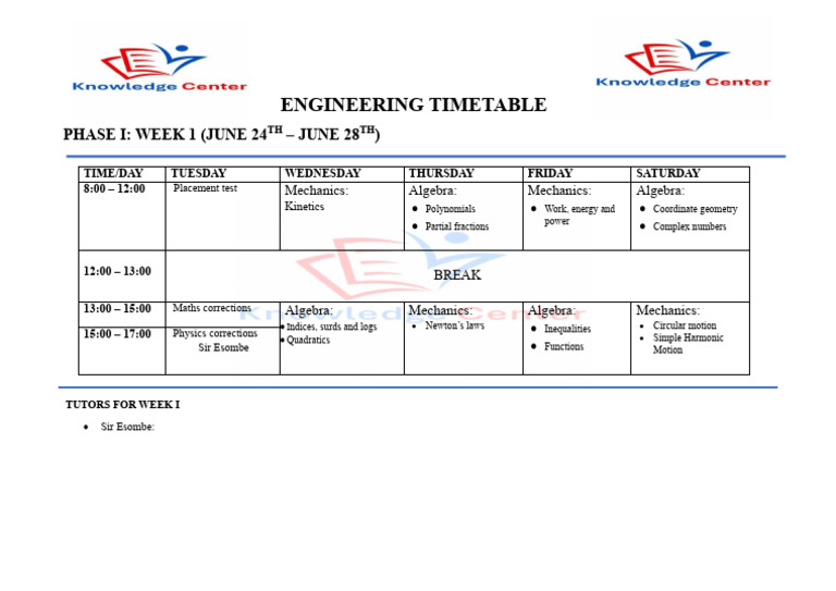 Engineering Timetable Phase I: Week 1 | PDF