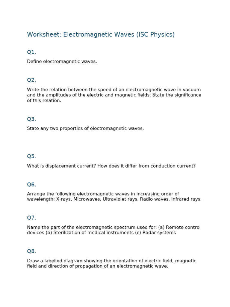 Isc Physics Worksheet - Electromagnetic Waves | PDF