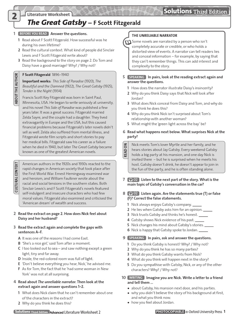 Solutions 3e Advanced Literature Worksheets - GreatGatsby | PDF | The ...