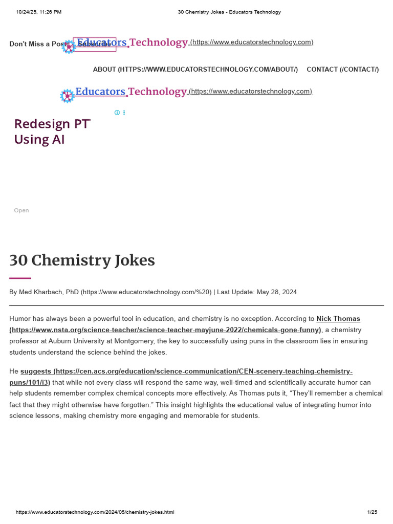 30 Fun Chemistry Jokes for Educators | PDF | Chemistry | Physical Sciences