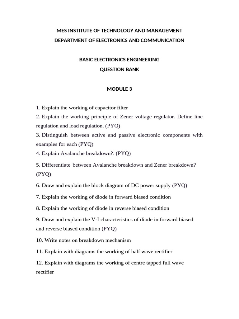 Basic Electronics Question Bank | PDF | Rectifier | Diode