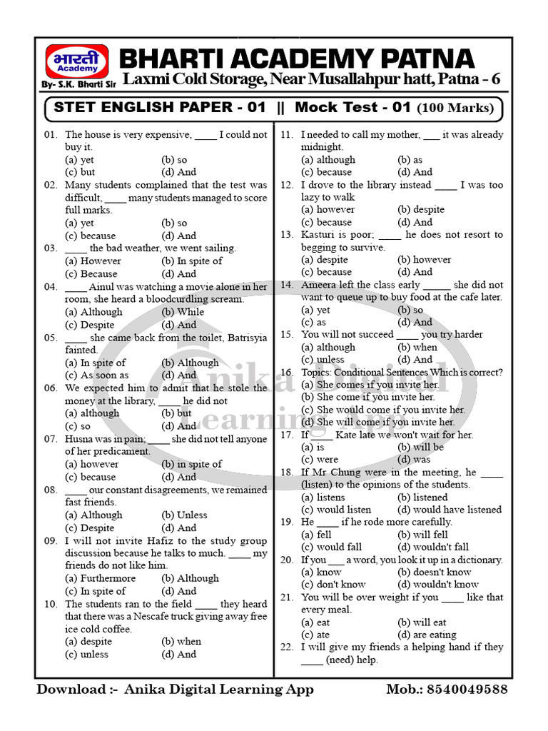 English Grammar Mock Test Questions | PDF | Semantics | Linguistic Typology