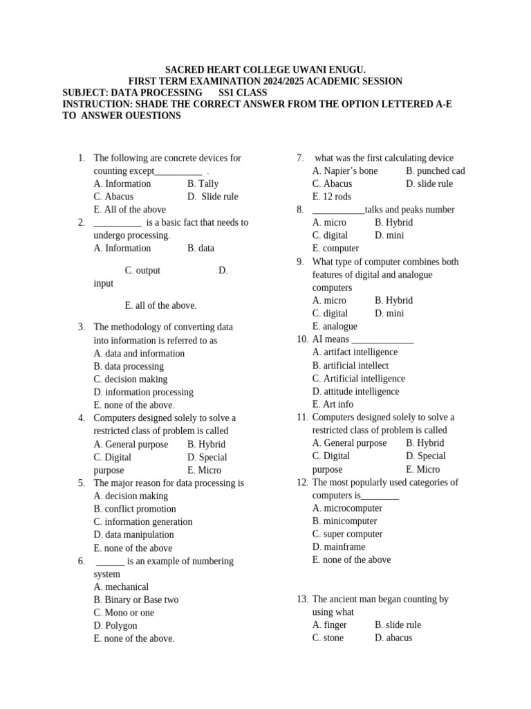Data Processing Exam Questions SS1 | PDF | Microcomputers ...