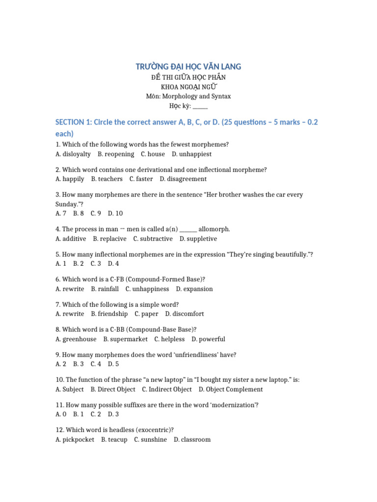 Morphology Syntax Midterm Exam | PDF | Word | Morphology (Linguistics)