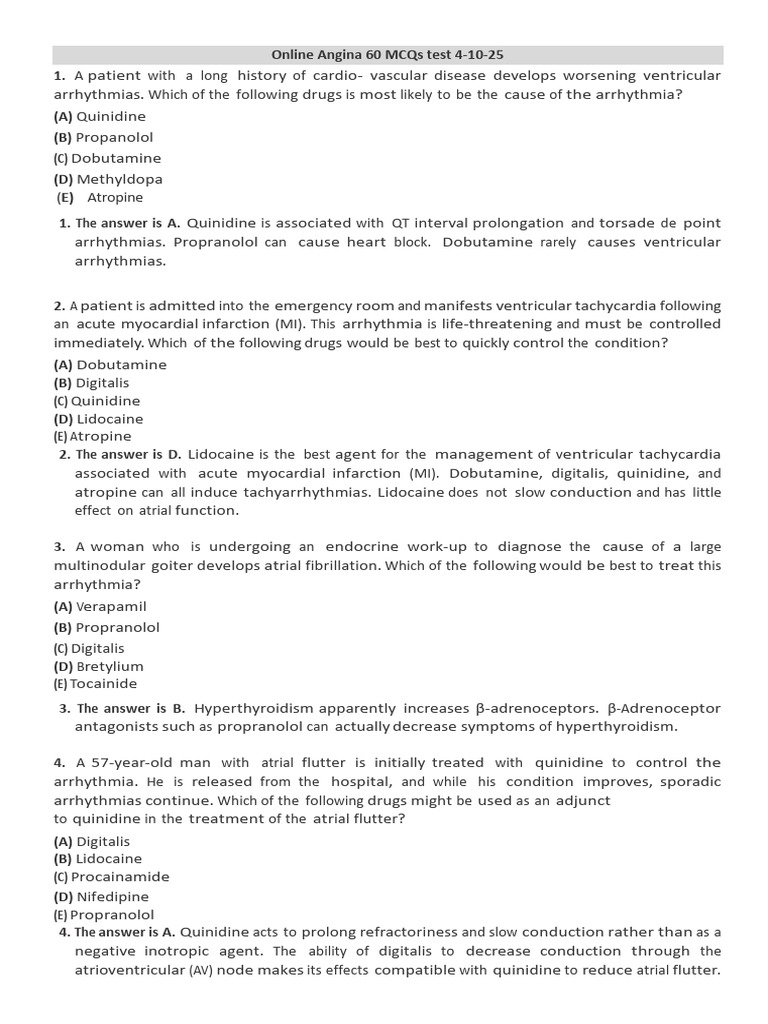 Angina 60 MCQs With Explanation 4-10-25 | PDF | Heart Failure | Heart