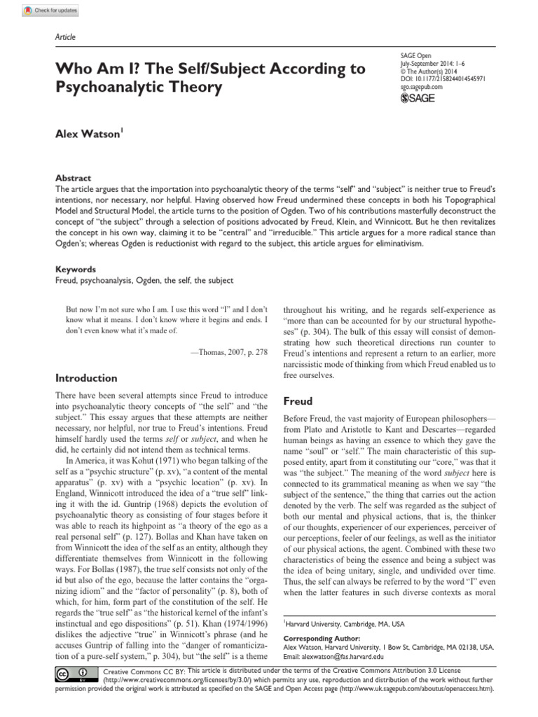 Watson 2014 Who Am i the Self Subject According to Psychoanalytic ...
